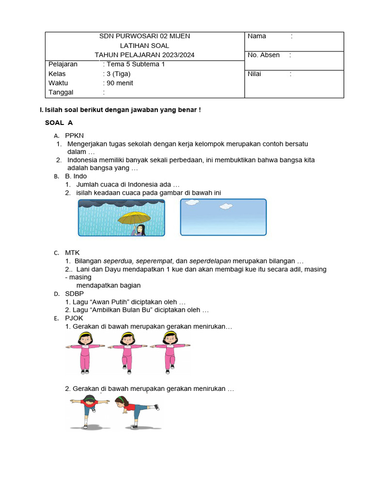 SOAL KELAS 3 TEMA 5 SUB 1 Sasaadwq | PDF | Seni & Disiplin Bahasa
