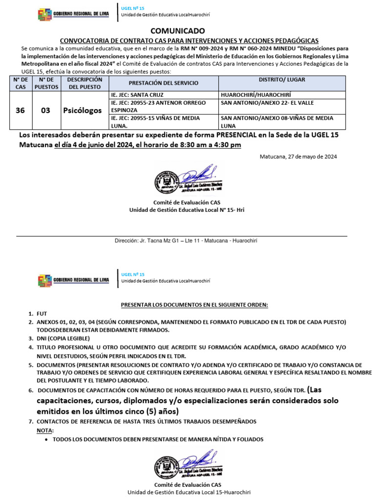Comunicado Iv Convocatoria Proceso Cas 36 Contrato de Servicios de Psicologos para Las Iiee Jec ...