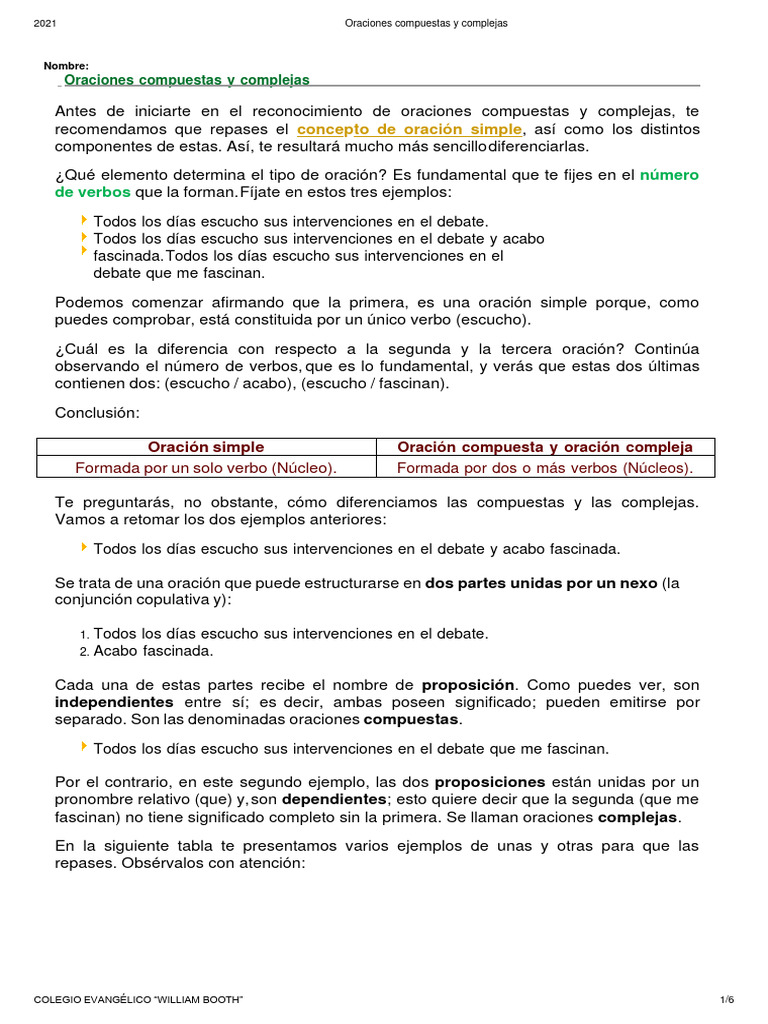 2 Oraciones Compuestas y Complejas Práctica | PDF | Oración ...