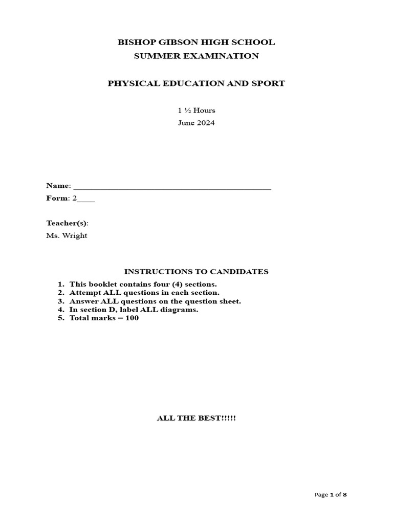 Form 2 Physical Education Exam 2024 | PDF | Digestion | Muscle