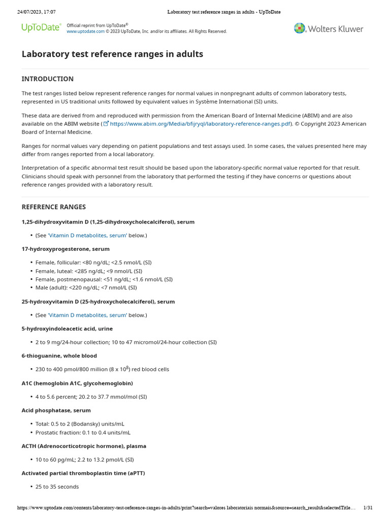 Laboratory Test Reference Ranges in Adults | PDF | Blood Plasma ...