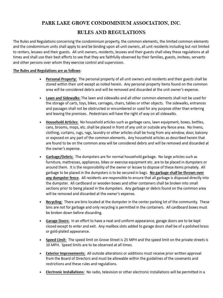 Park Lake Grove Condo Rules & Regulations | PDF | Lease | Leasehold Estate