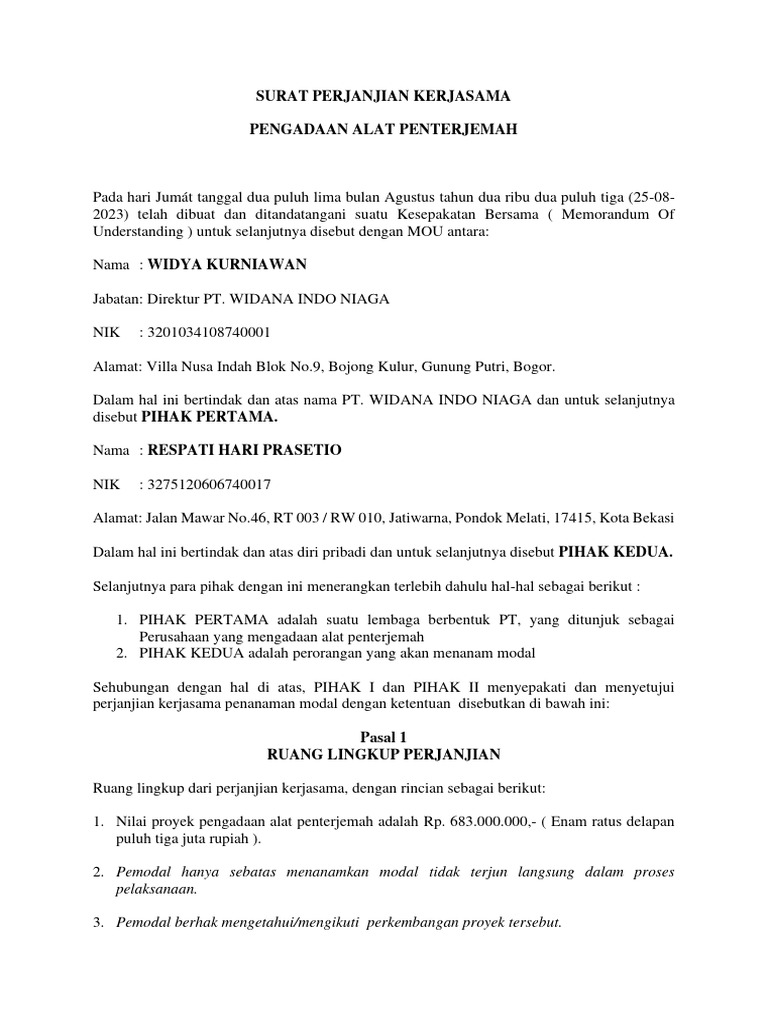 Surat Perjanjian Kerjasama | PDF