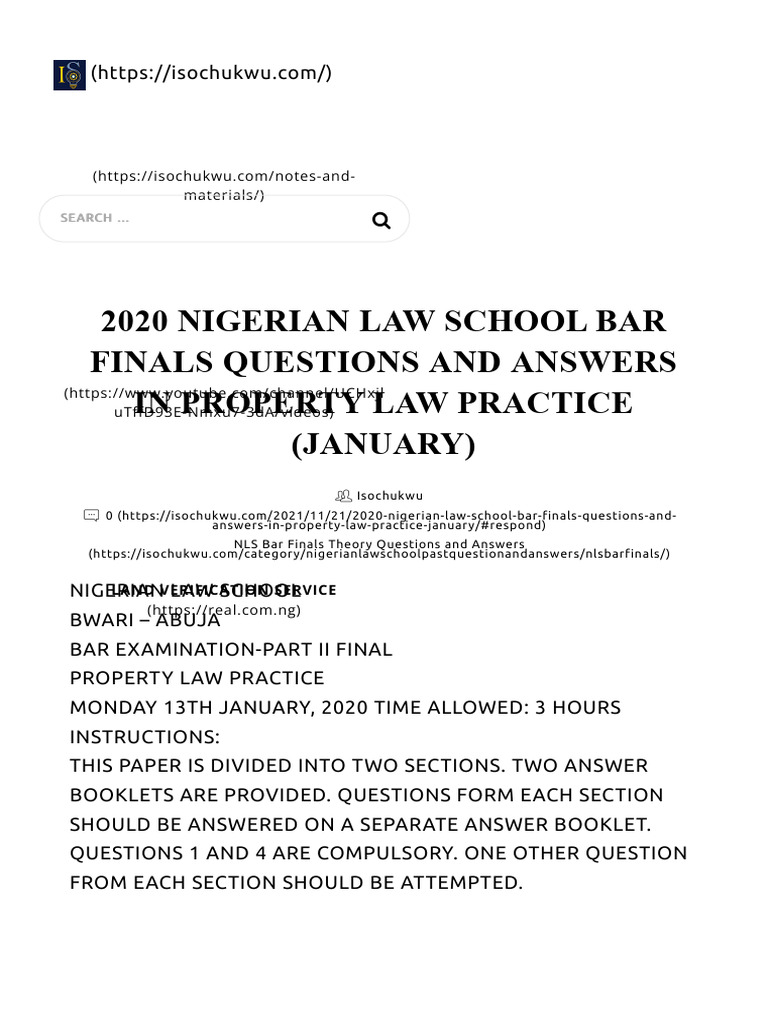 2020 Nigerian Law School Property Exam | PDF | Lease | Assignment (Law)