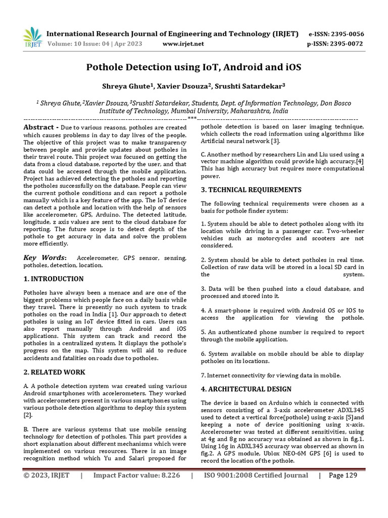 Pothole Detection Using Iot Android And Pdf Internet Of Things Android Operating System