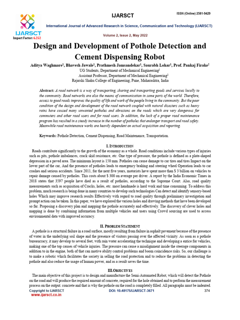 Pothole Detection Using Arduino | Download Free PDF | Road | Ultrasound Pothole Detection Using Arduino | Download Free PDF | Road | Ultrasound