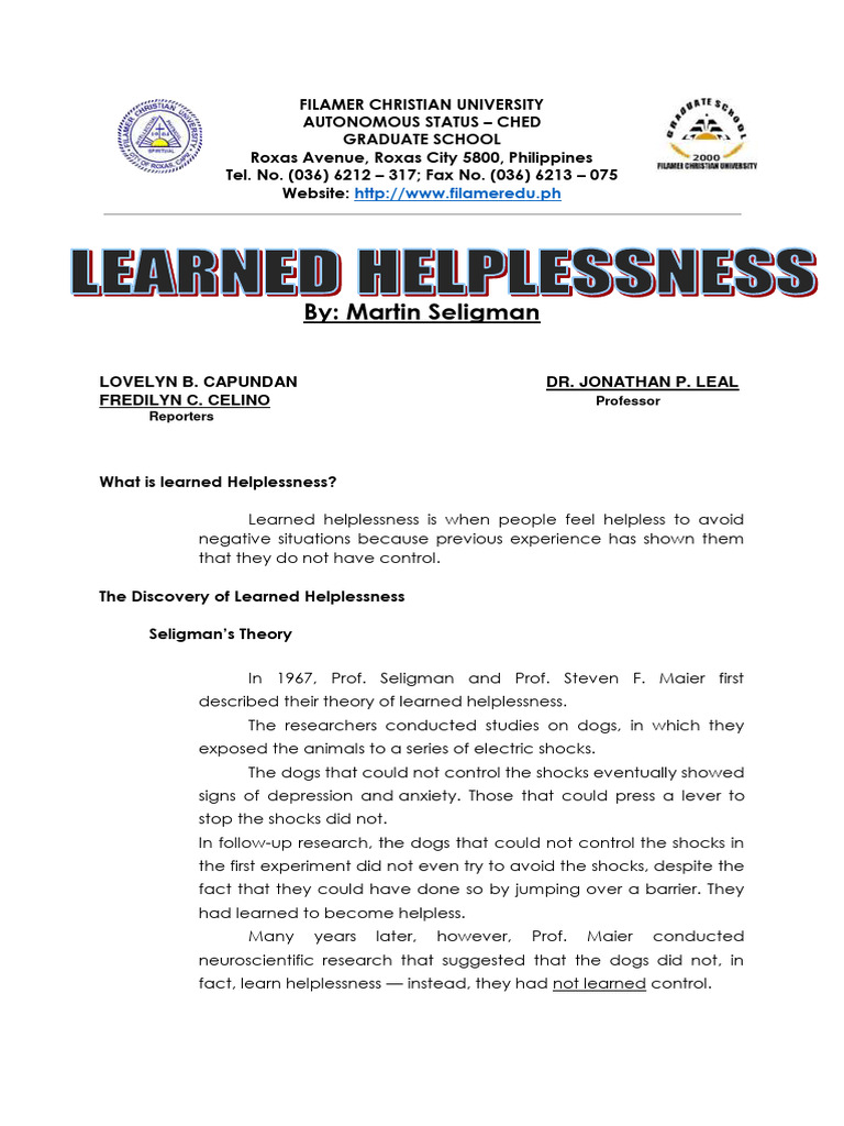 LEARNED OF HELPLESSNESS By MARTIN SELIGMAN | PDF | Behavior Modification | Emotions
