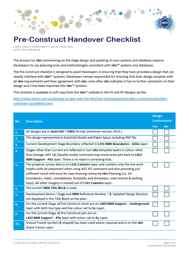 NBN-COO-EDS-017 Attachment 1 Pre-Construct Handover Checklist Revision ...