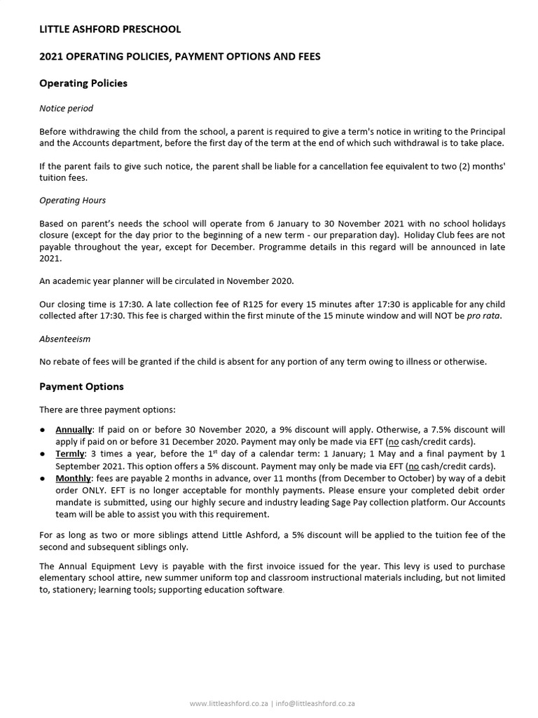 2021 Fee Letter - Little Ashford Moreleta Park | PDF | Fee | Credit Card