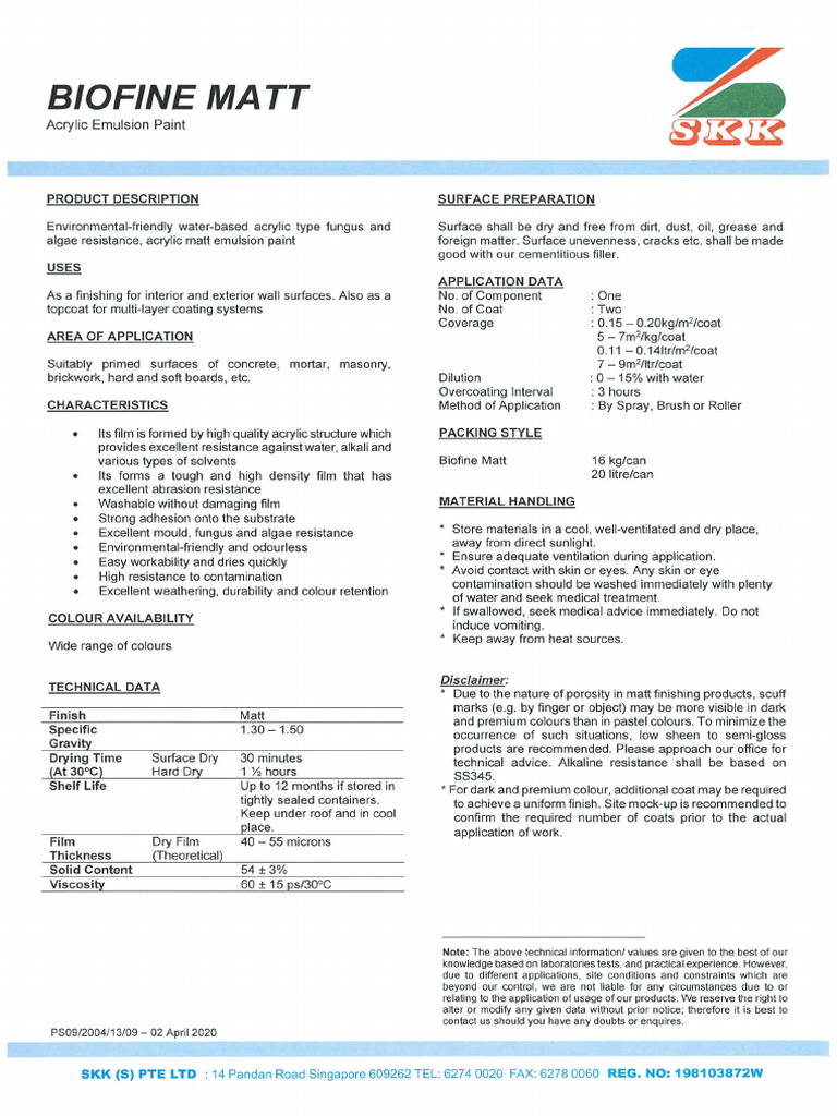 Product Datasheet - SKK Biofine Matt | PDF