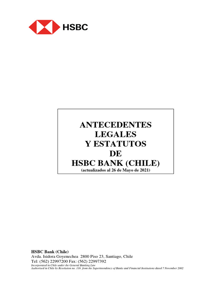 Antecedentes Legales y Estatutos de HSBC Bank Chile CL | PDF | Gobierno