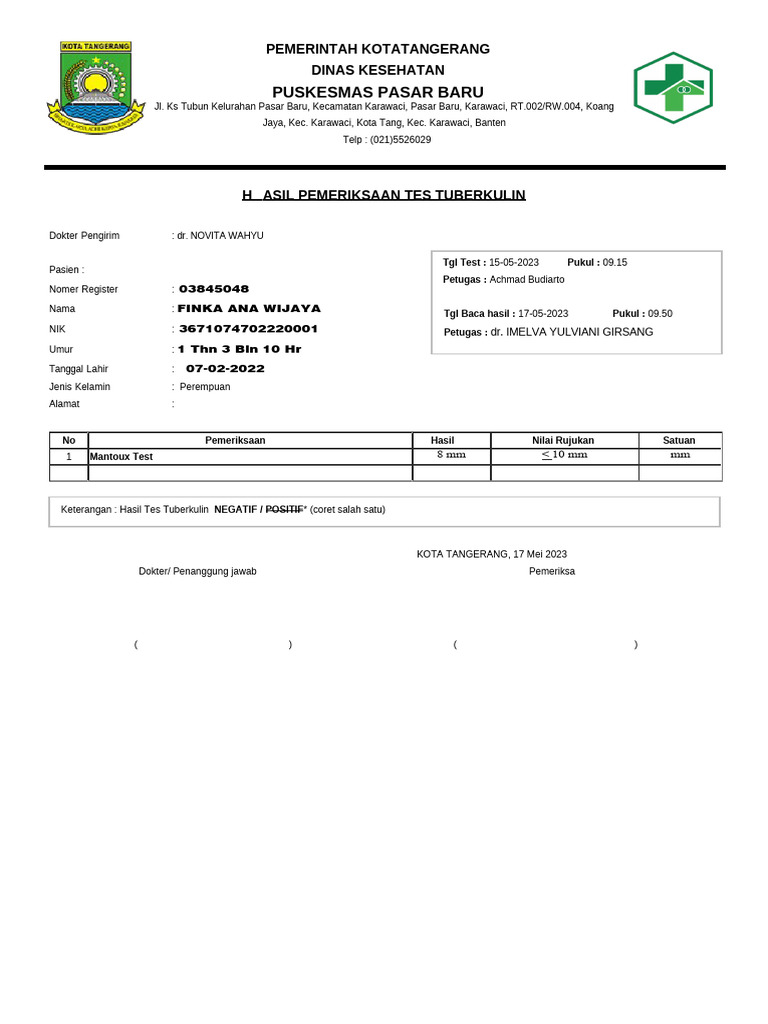 Hasil Tes Mantoux Pasien Finka Ana | PDF