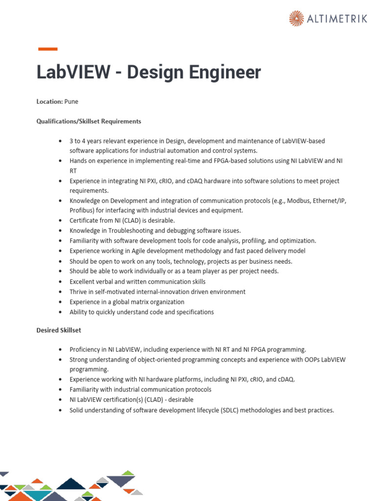 Altimetrik - Labview Design Engineer JD | PDF | Software Development Process | Computer Programming