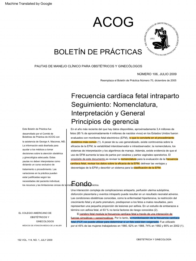 Acog Practice Bulletin No 106 Intrapartum Fetal Heart Rate Monit 2009 2 ...
