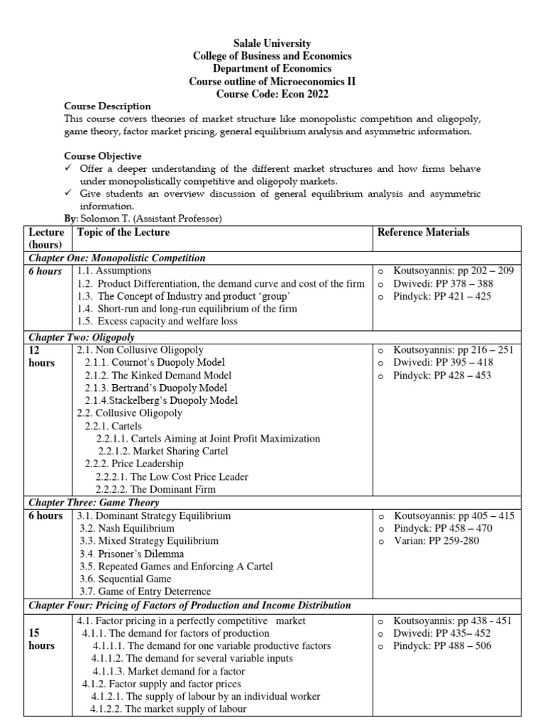 Microeconomics II Courseoutline | PDF | Oligopoly | Economic Equilibrium