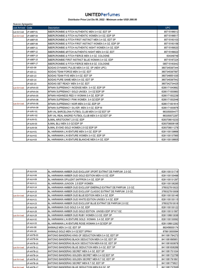 UNITED PERFUMES - Distributor Price List Dic 09, 2022 Web Download | PDF | Brand | Fashion