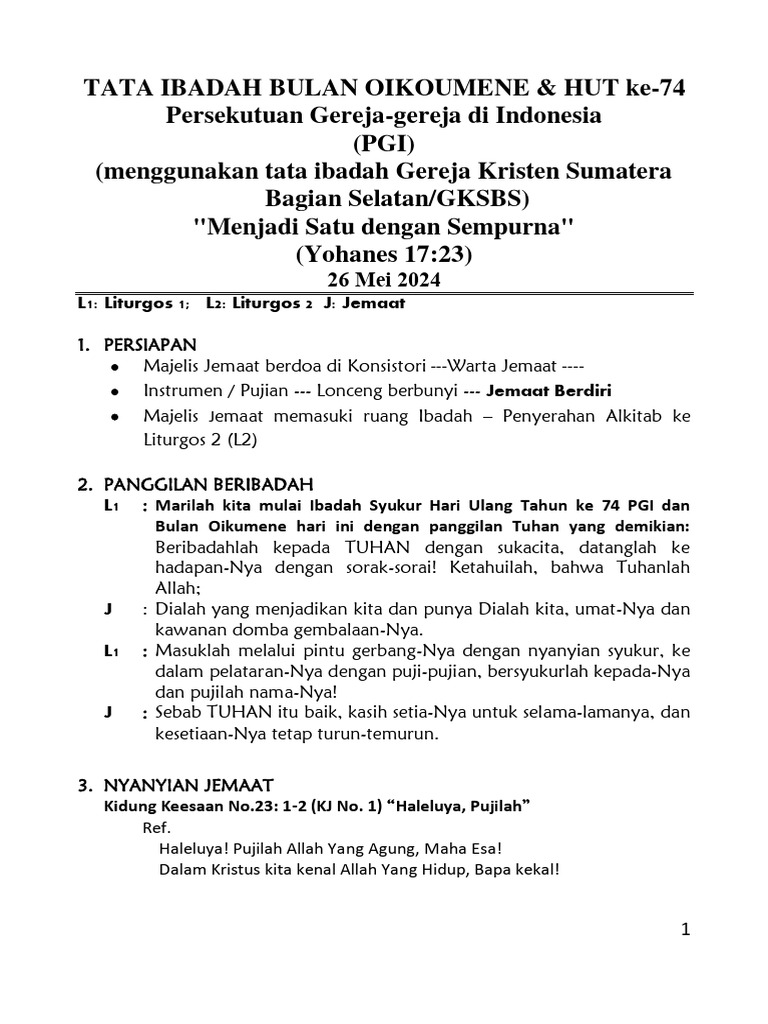 Tata Ibadah Bulan Oikumene 2024 | PDF