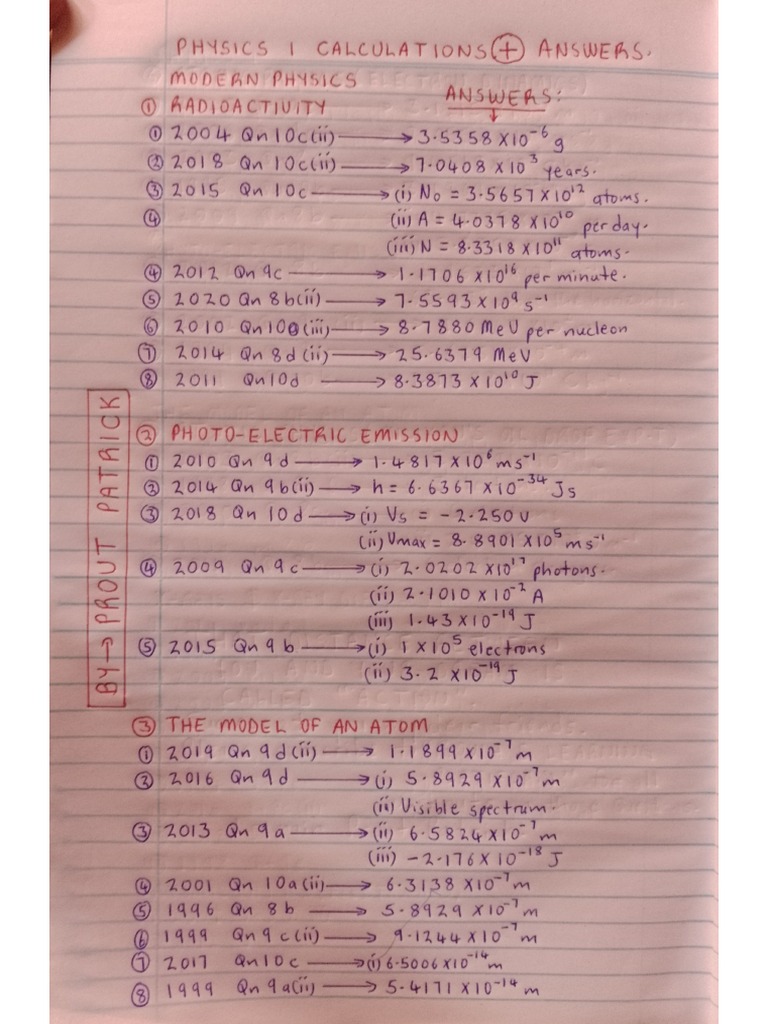 A LEVEL PHYSICS P1 (MODERN PHYSICS) Calculation Qns & Answers- By Prout Patrick. | PDF