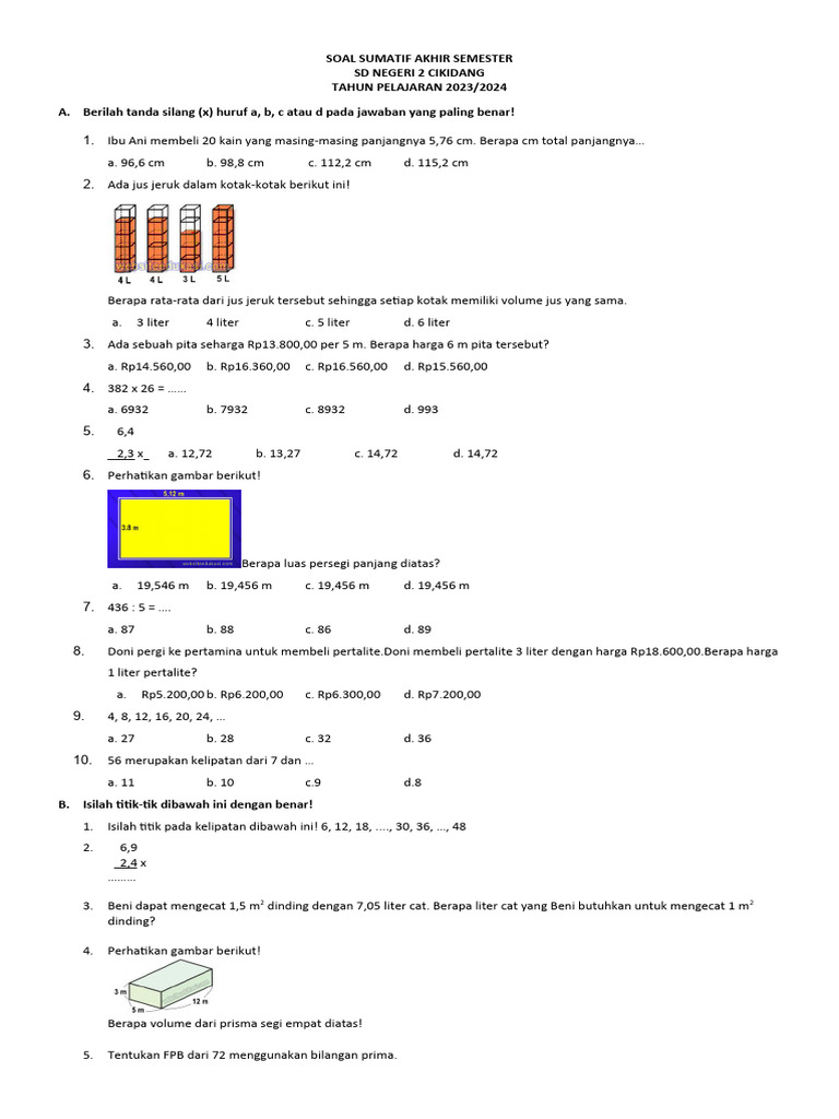Soal SAS MTK Kelas 5 | PDF | Metode & Bahan Ajar | Griya & Taman