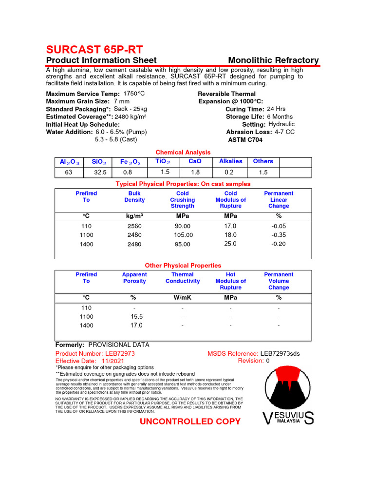 Surcast 65P-RT | PDF | Refractory | Materials