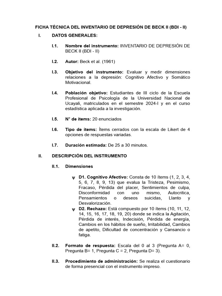 Ficha Técnica del BDI-II | PDF | Depresión (estado de ánimo) | Ciencias ...