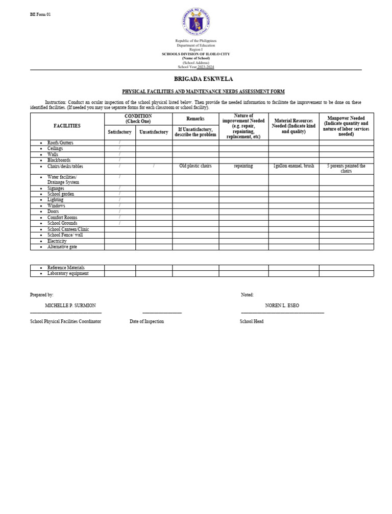 Be Form 1 Physical Facilities and Maintenance Needs Assessment Form | PDF