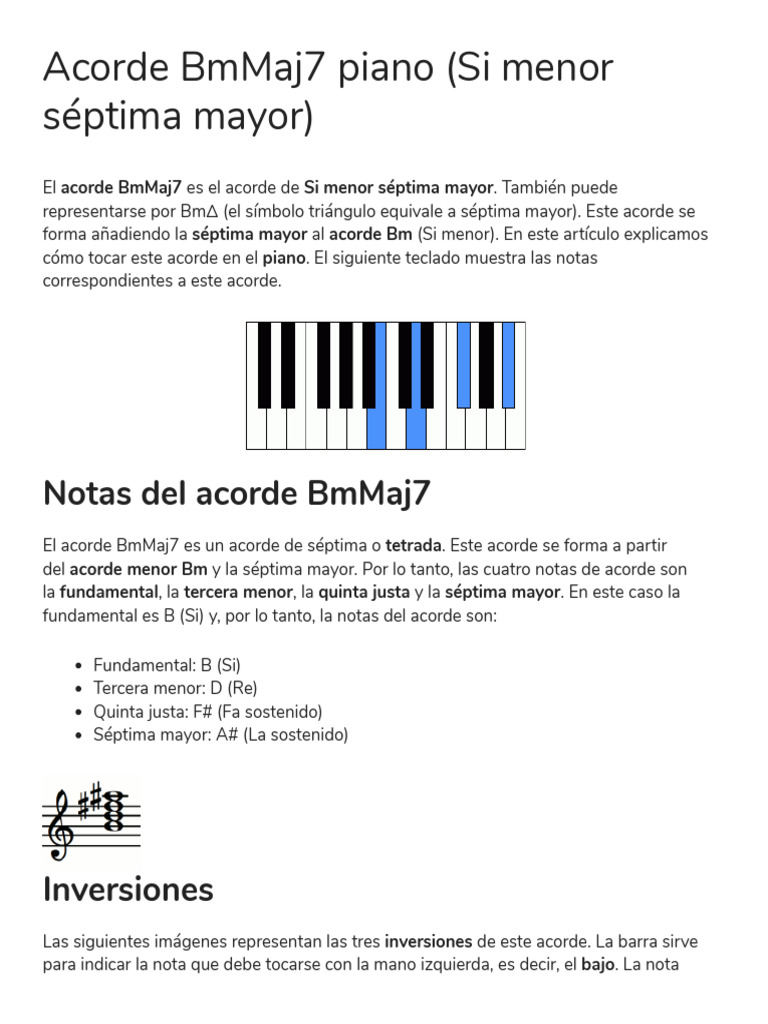 Acorde BmMaj7 Piano (Si Menor Séptima Mayor) | PDF