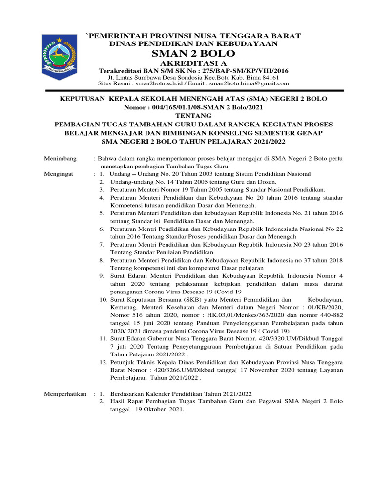 SK Pembagian Tugas 2021-2022 Semester Genap | PDF