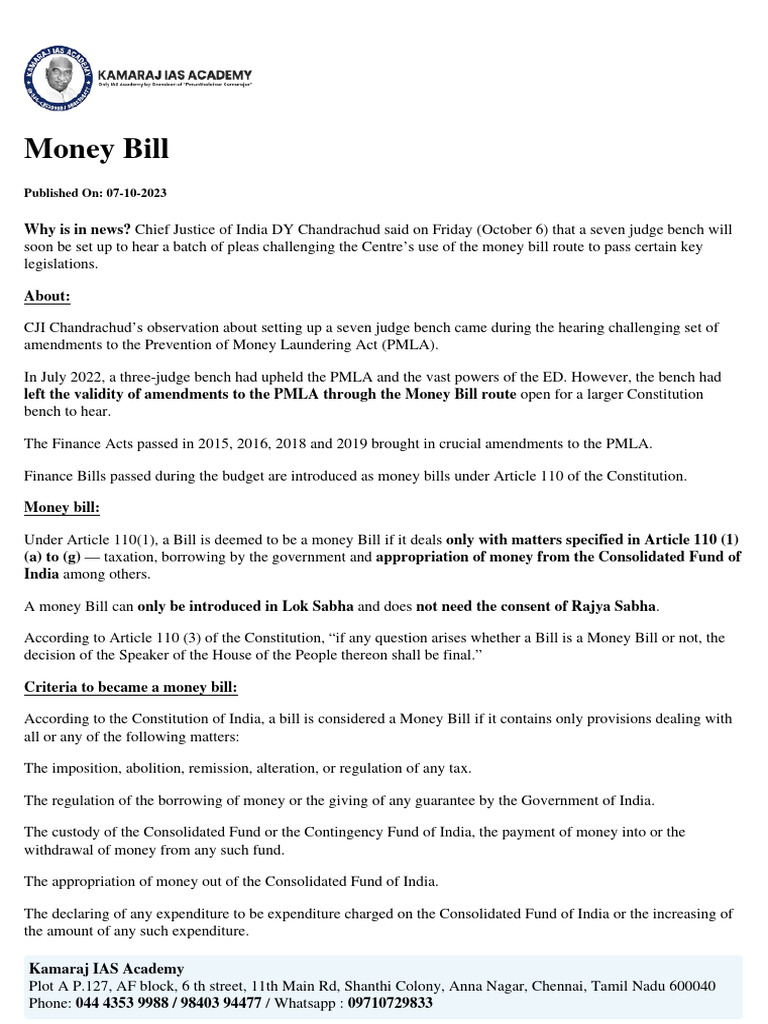Money Bill | PDF | Bill (Law) | Government Of India