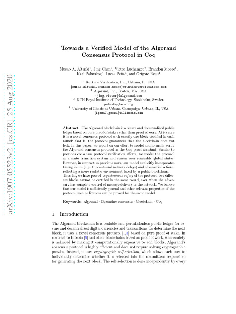 ALGO - Towards A Verified Model of The Algorand Consensus Protocol in Coq | PDF | Computer ...