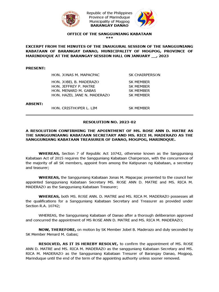 SK Danao Appointments Resolution 2023 | PDF | Youth Organizations