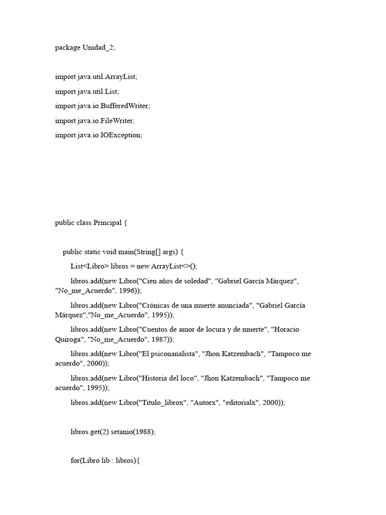 Gestión de Libros en Java: Escritura y Lectura de Archivos | PDF | Programación de computadoras ...
