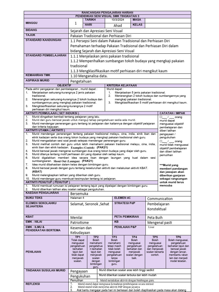 RPH Minggu 1 SMK PSV Tingkatan 3 | PDF