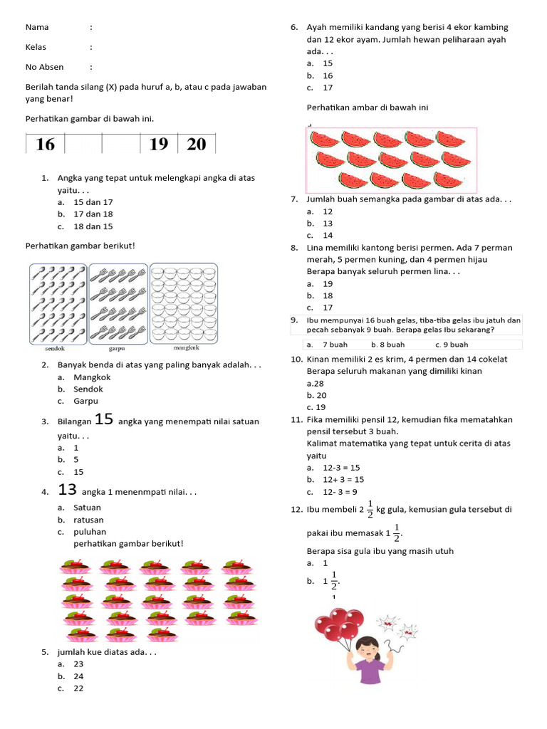PAT MTK Kelas 1 SD Sem 2 | PDF