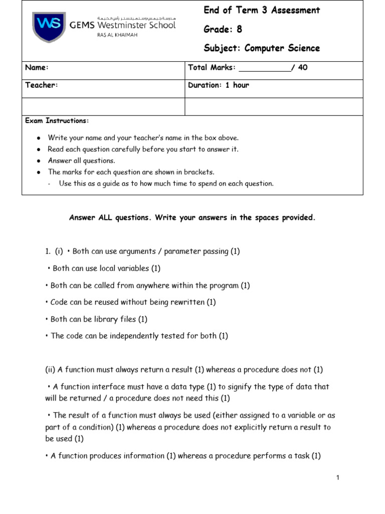 Computer Science Exam: Functions vs Procedures | PDF | Parameter (Computer Programming) | Input ...