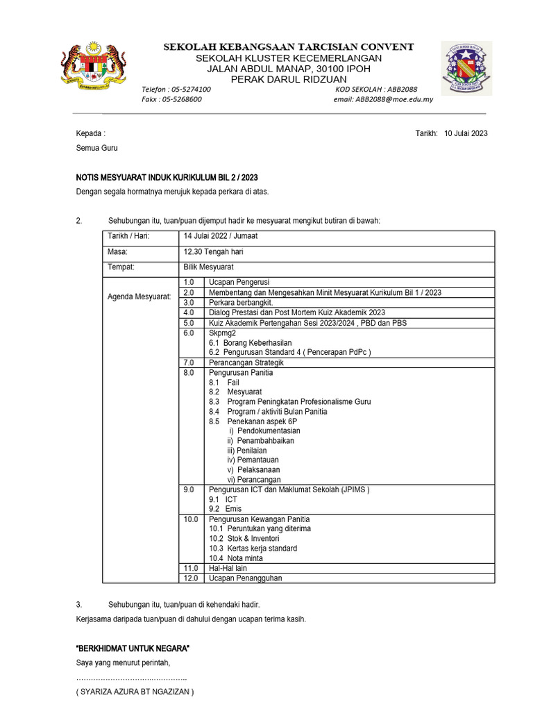 Notis Dan Agenda Mesy Induk Kuri Bil 22023 | PDF