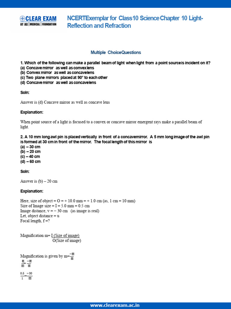 NCERT Exemplar Solution Class 10 ScienceChapter 10 | PDF | Refractive ...