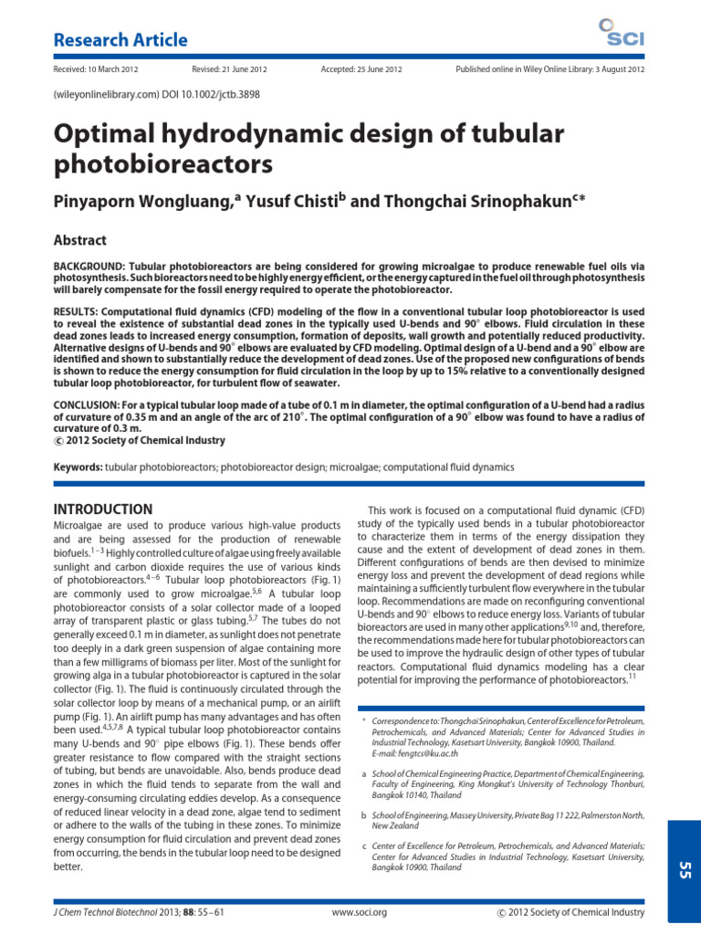 Optimal Hydrodynamic Design of Tubular Photobioreactors - 2011 | PDF | Fluid Dynamics ...