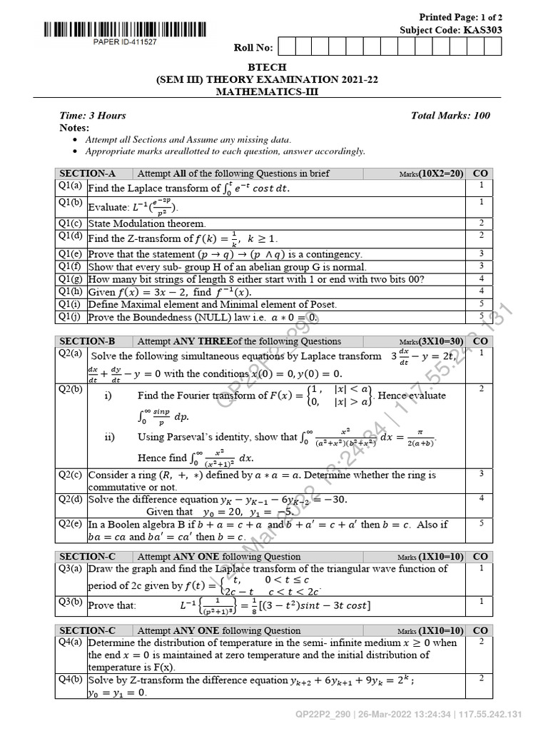 BTech Mathematics III Exam Paper 2021-22 | PDF | Laplace Transform ...
