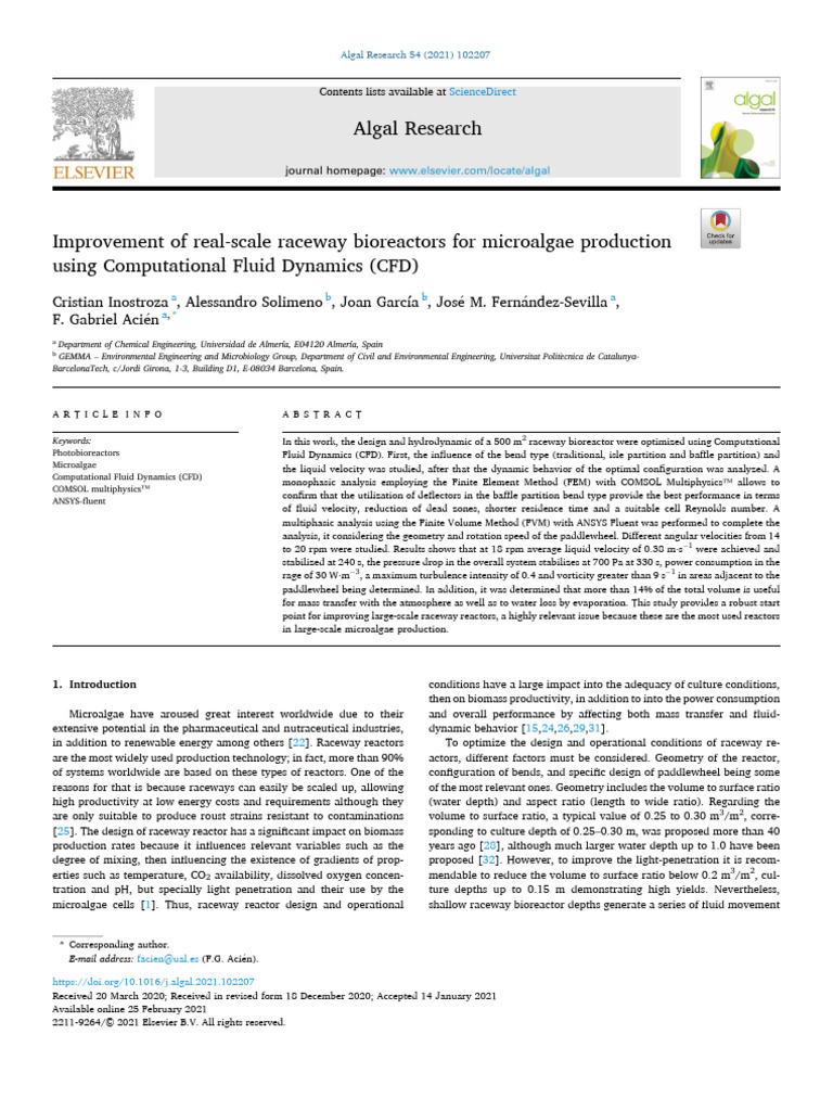 Improvement of Real-Scale Raceway Bioreactors For Microalgae Production Using Computational ...