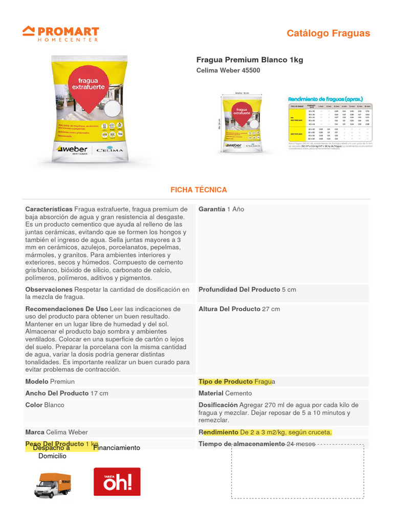 Ficha Tecnica de Fragua Celima | PDF | Cemento | Materiales