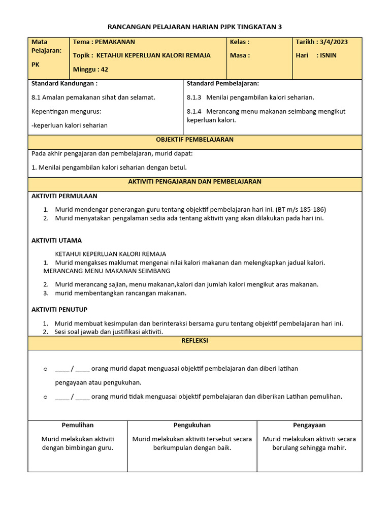 RPH PJPK Ting 3 2024 M42 (PK) | PDF | Pengembangan Diri | Kesehatan Holistik