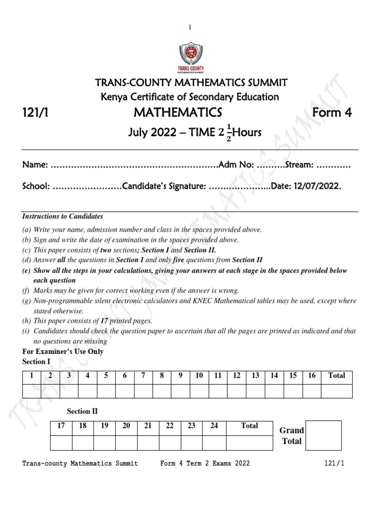 TRANSCOUNTY FORM 4 PAPER 1 2022 TERM 2 | Download Free PDF | Area | Circle