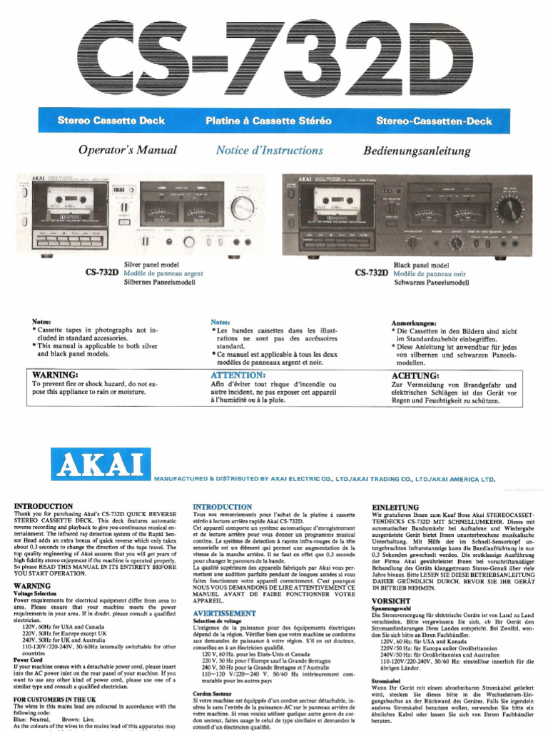 Tape Deck Akai Cs-732d Manual | PDF