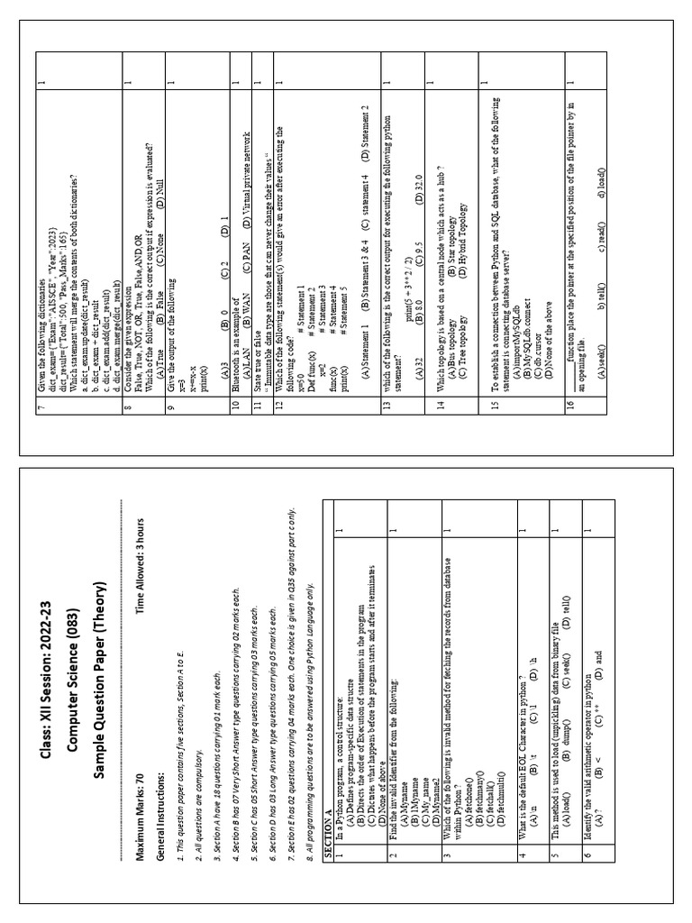 Class XII CS Sample Paper | PDF | Network Topology | Pointer (Computer Programming)