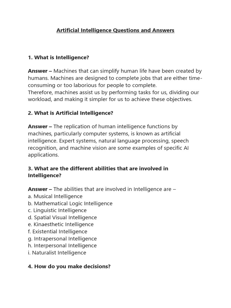 Artificial Intelligence Class 10 Questions and Answers | PDF ...