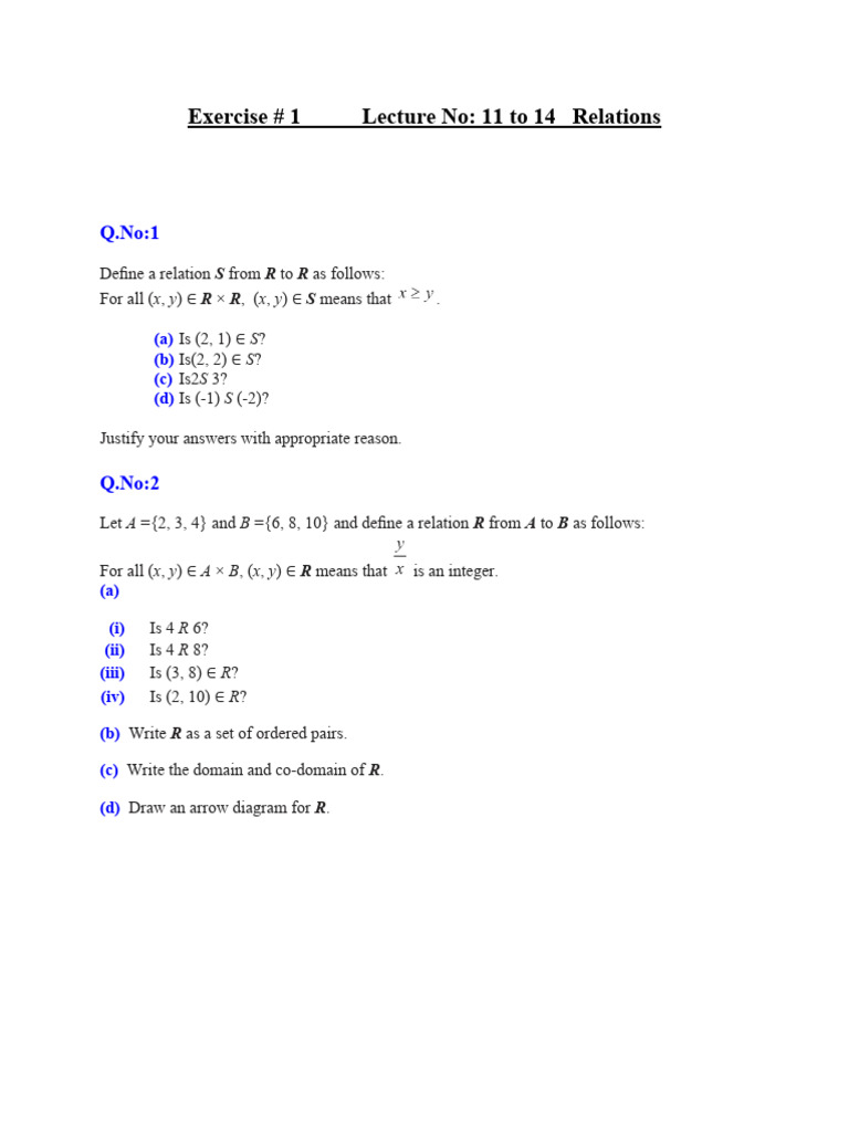 Exercise-1 Lect 11 To 14 Relations | PDF