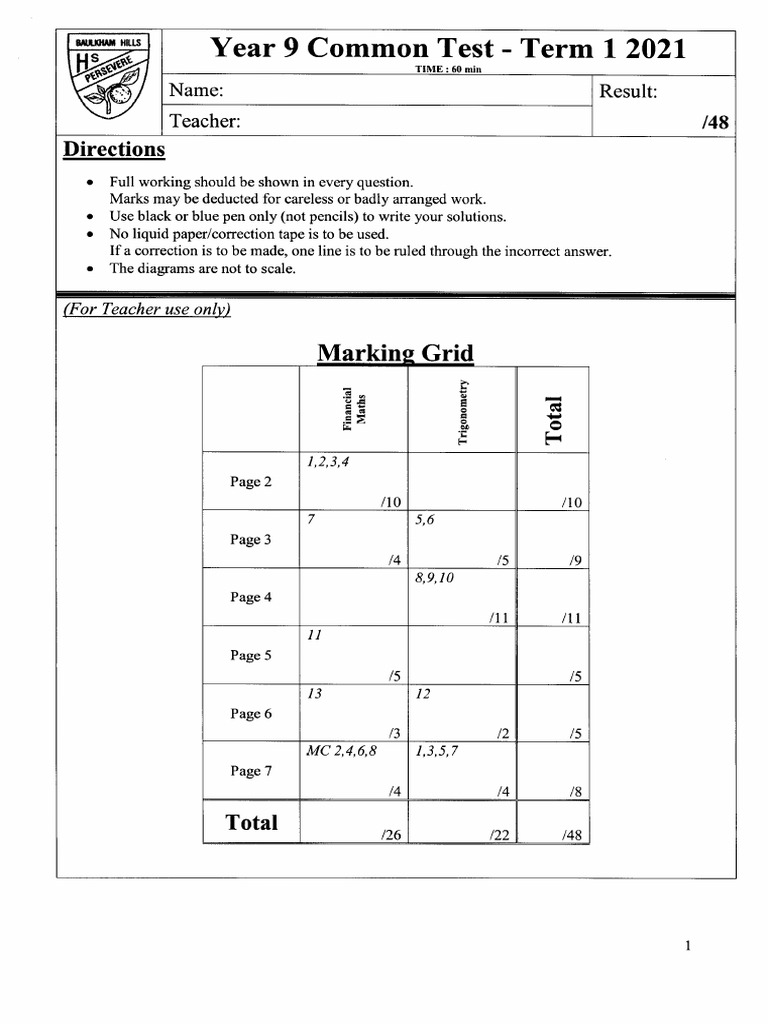 Y9 Term 1 Exam 2021 | PDF
