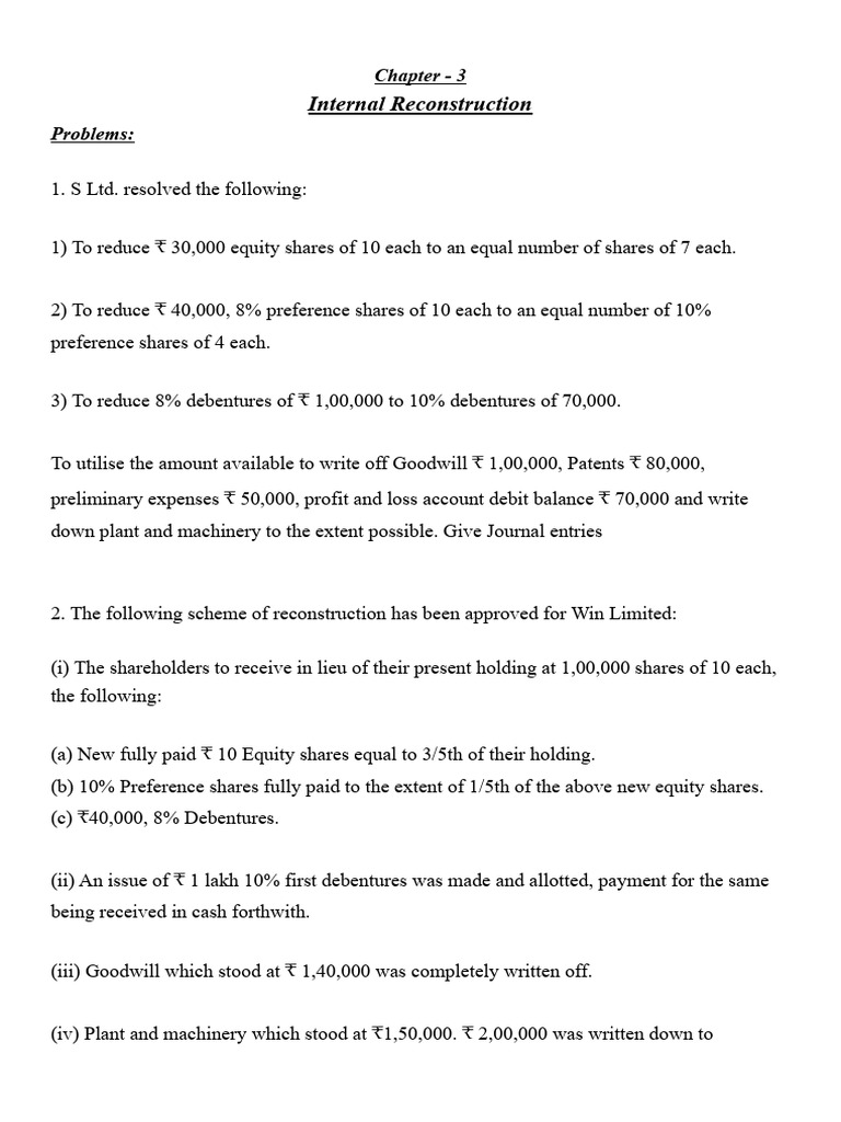 Internal Reconstruction Problems | Download Free PDF | Equity (Finance) | Debits And Credits