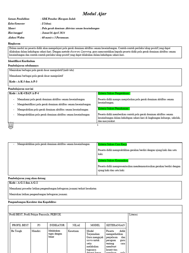RPP Modul Ajar-Fase A-AK 4, AP 3 Aktifitas Dominan Senam Keseimbangan Kelas 1 | PDF